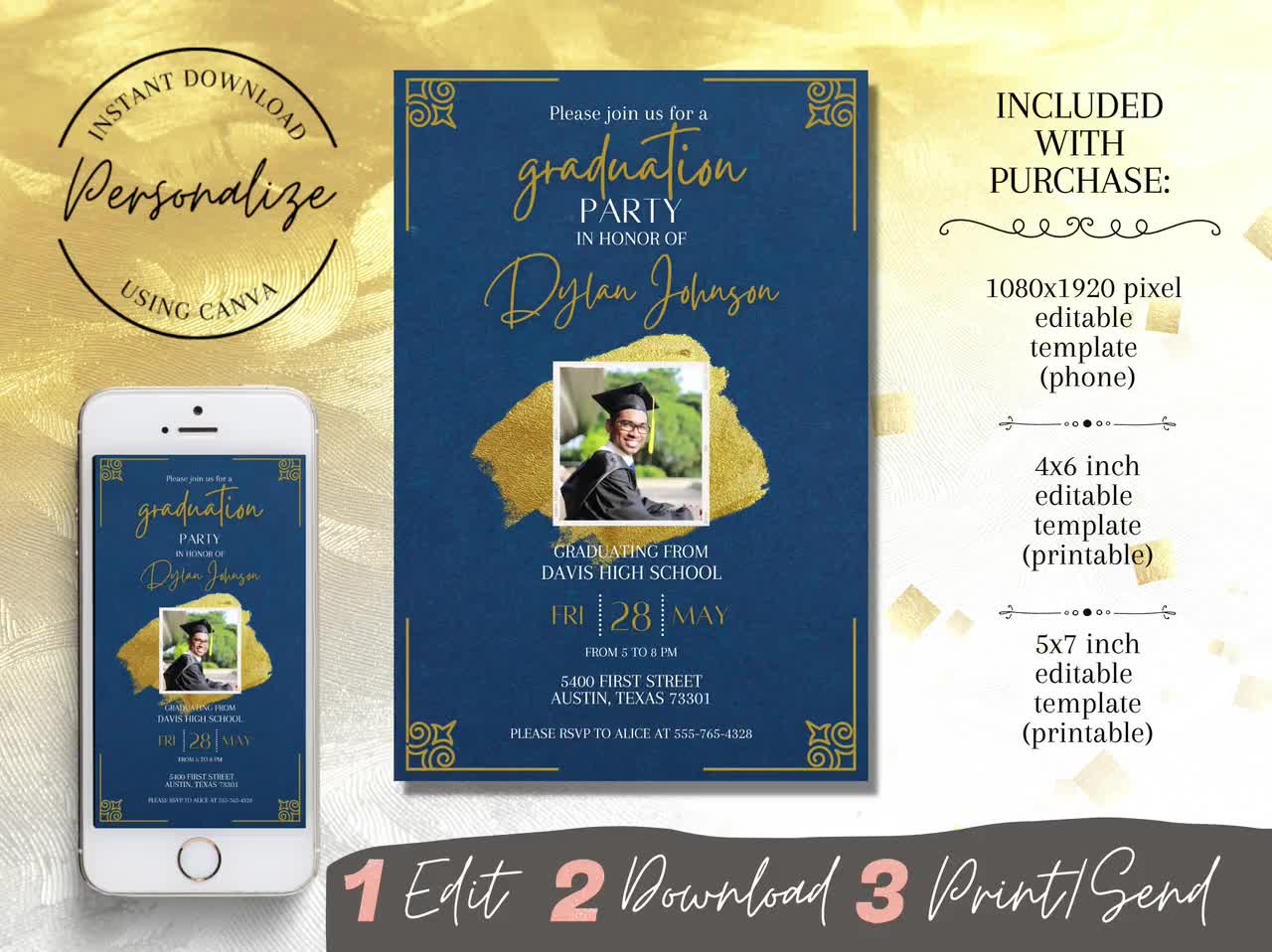 Invitations JPG Graduation Invitation or PNG Class of 2021 Blue Gold ...