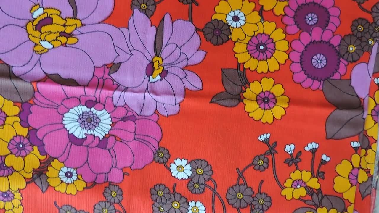 Vintage MOD Fabric Bright Flower Power Pink Red Blue Green Large ...