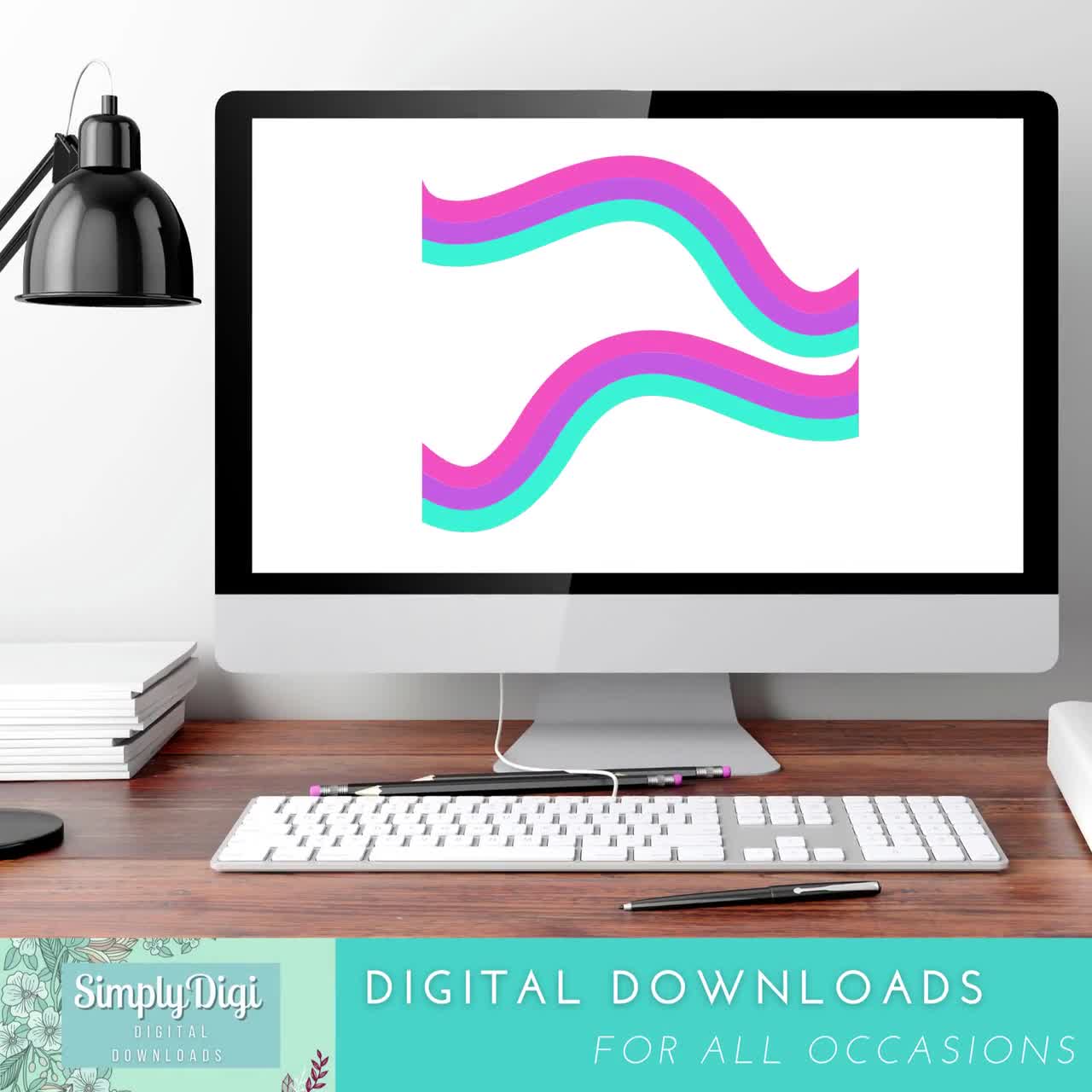 Waves Rainbow pink purple blue aqua Abstract Squiggle curved lines ...