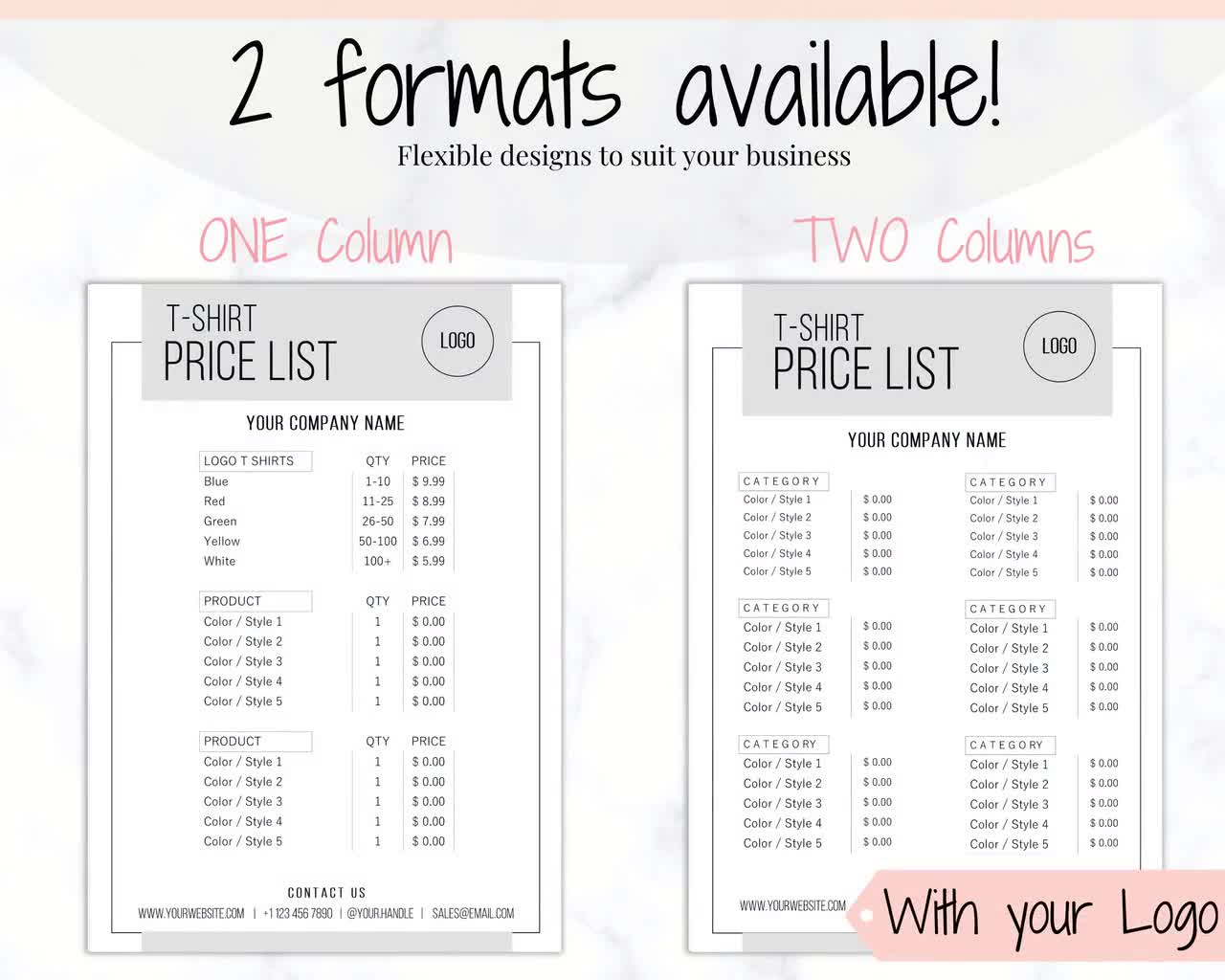 Tshirt PRICE LIST Template Printable Price Sheet Price Guide T shirt 